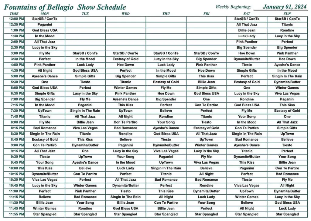 Bellagio Fountain Schedule & Song List (2024 Show Times) - FeelingVegas